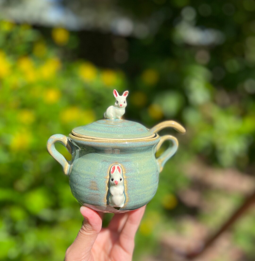 Hand-made Ceramic Bunny Pot With Lid Clay Bunnies Rabbit Cottage Core ...