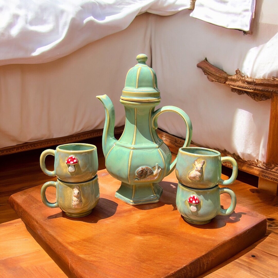 Hand-made Ceramic Snail Mushroom Rabbit Tea Pot Teapot Tea Cup Set Cups ...