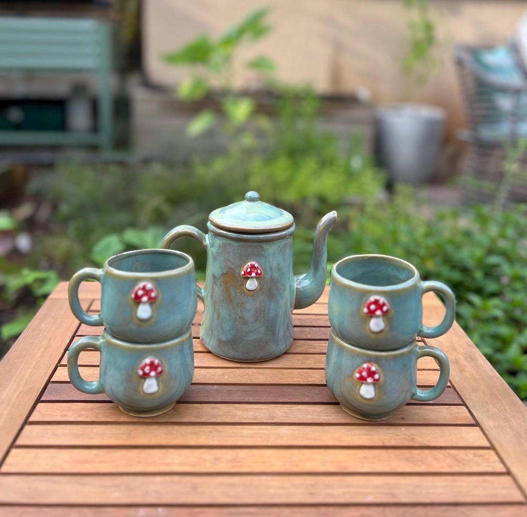 Hand-made Ceramic Mushroom Tea Pot Teapot - Tea Cup Set - Cups ...