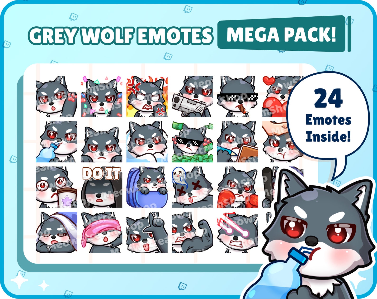 Twitch Emote / Cute Grey Wolf Mega Pack 1 Emotes 24 Emotes - Etsy