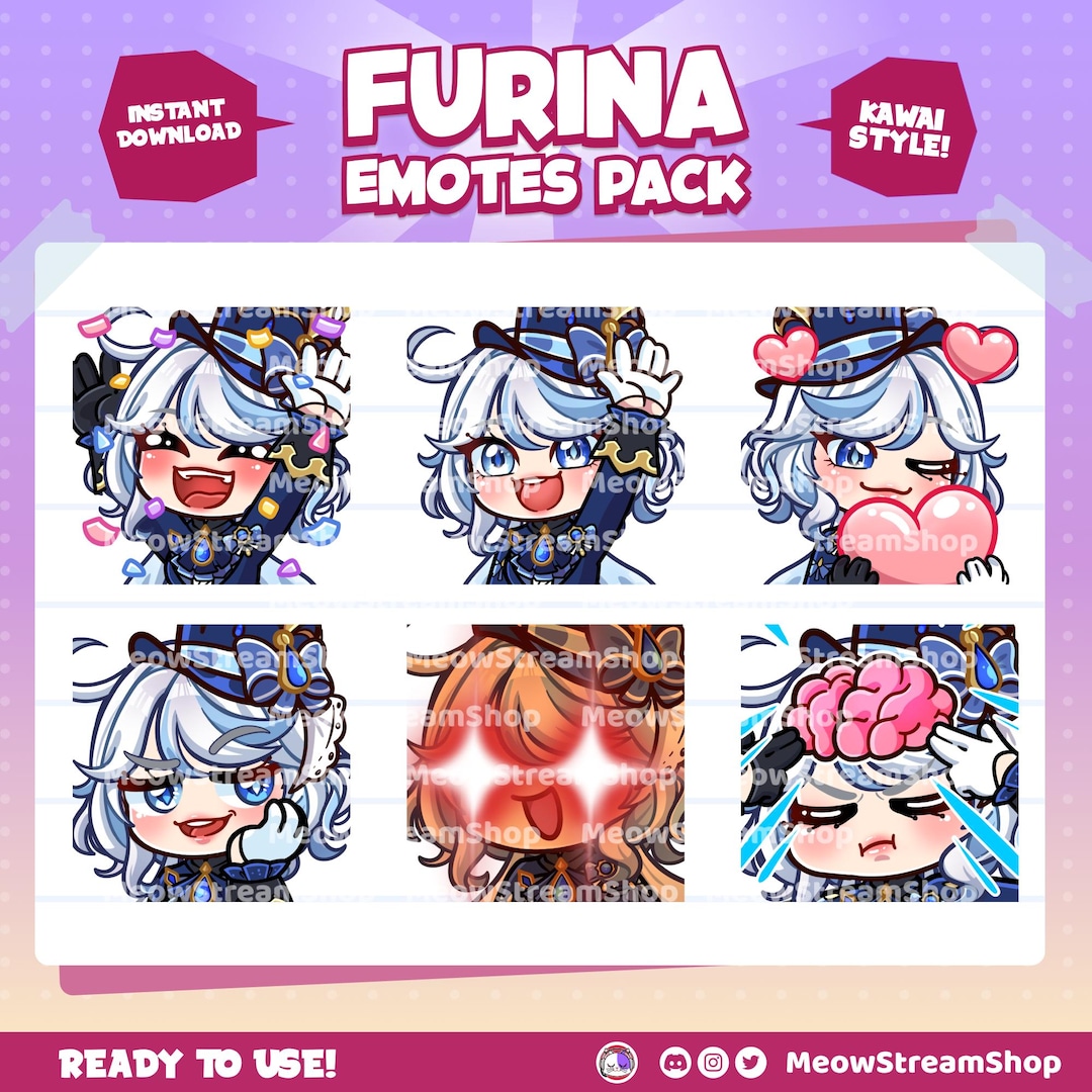 Twitch Emote / Furina Emotes Pack #1 (hype, Hi Waving, Heart, Smug, Woke, Brain Power ...