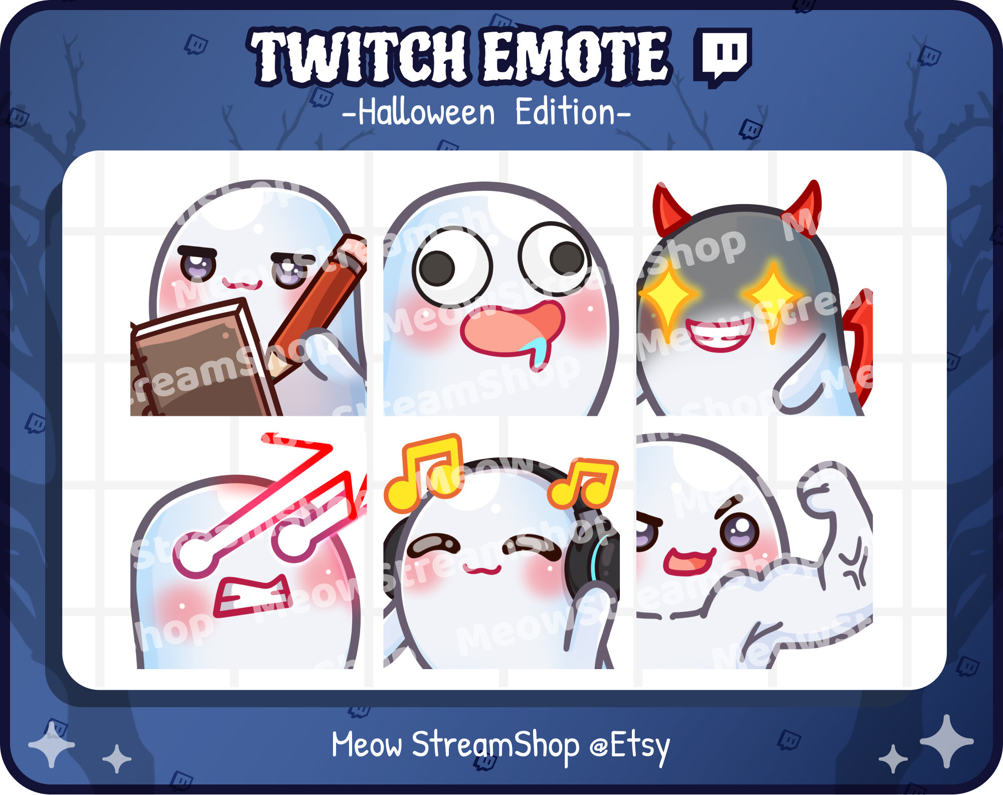 Twitch Emote / Cute Ghost Emotes Pack #5 (note, Derp, Evil, Laser, Jam ...