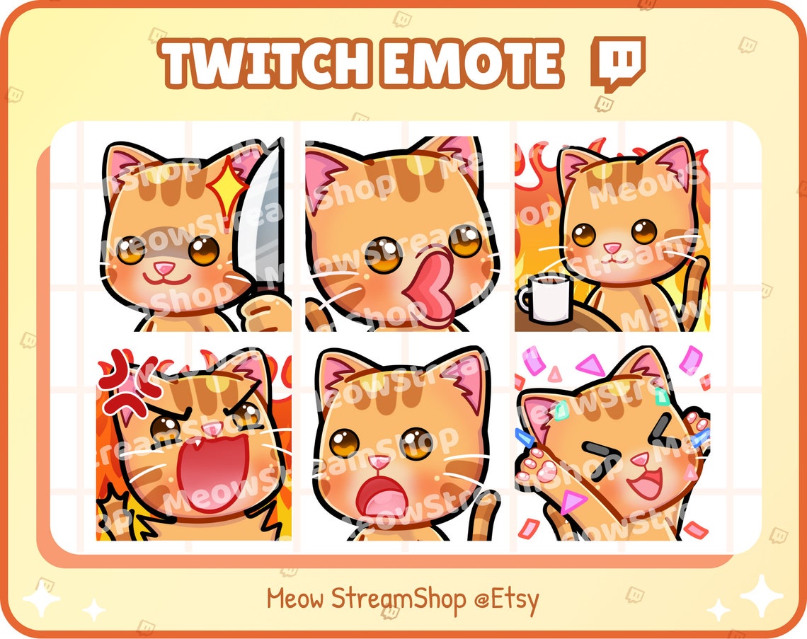 Twitch Emote / Cute Orange Cat Emotes Pack #2 (knife, POG, This is Fine ...