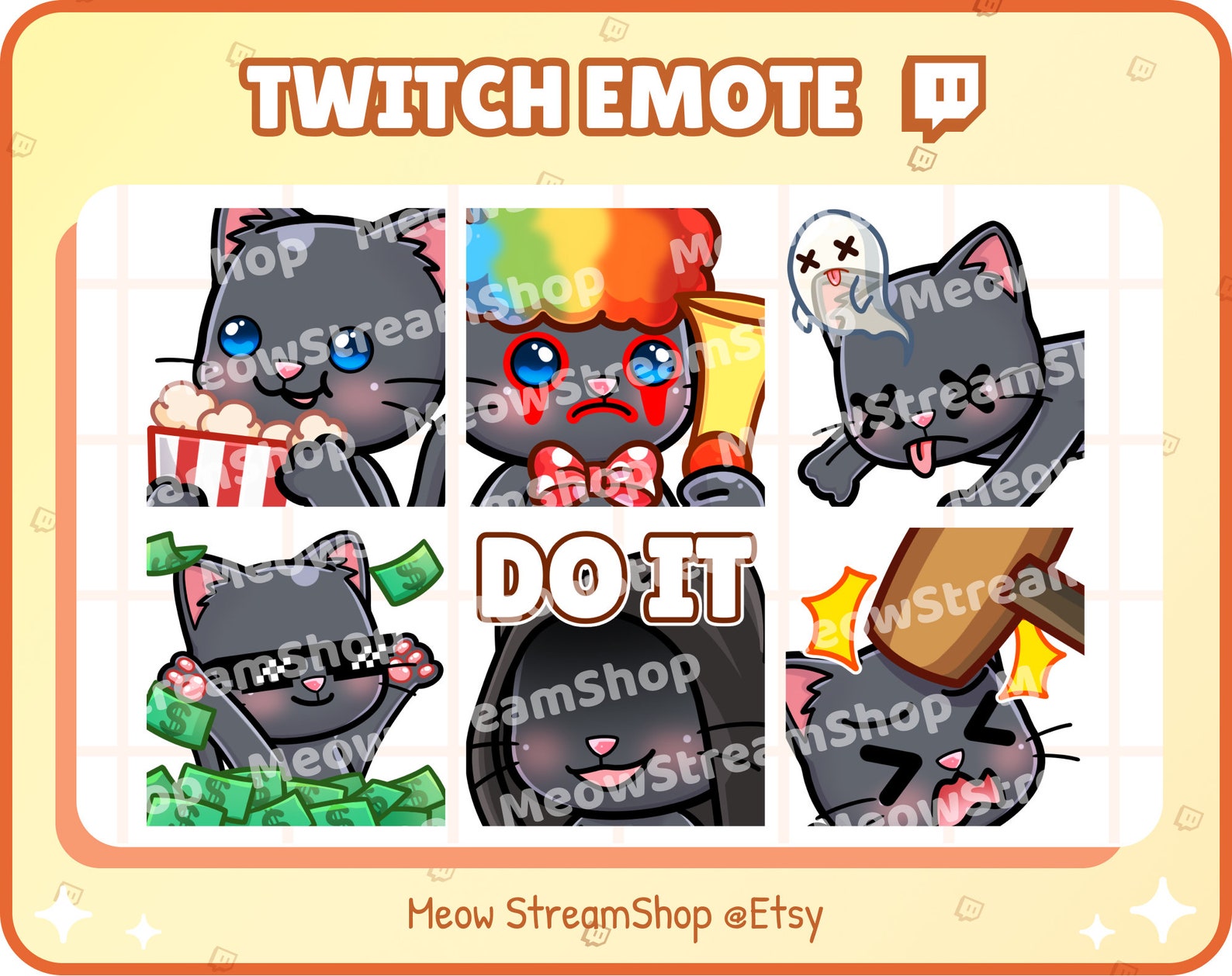 Twitch Emote / Cute Black Cat Emotes Pack #3 (popcorn, Clown, Rip ...