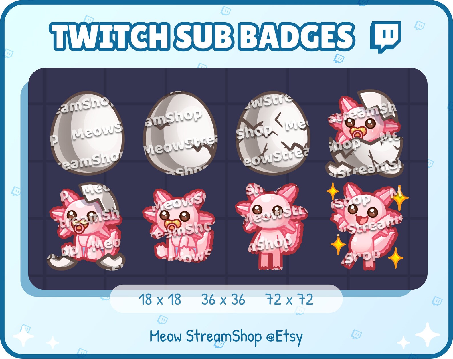 8x Twitch Sub, Bit Badges - Kawaii Cute Axolotl, Salamander, Axolotl ...