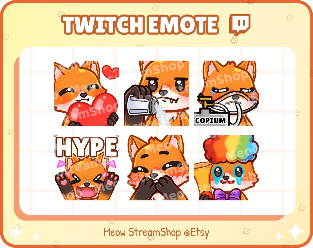 Twitch Emote / Cute Fox Emotes Pack #1 (heart, Salty, Copium, Hype ...