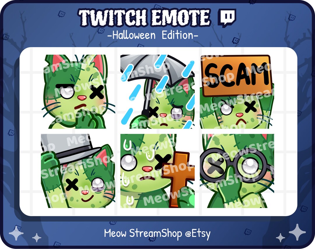 Twitch Emote / Cute Zombie Cat Emotes Pack #8 (hmm, Rain, Scam, Mlady ...