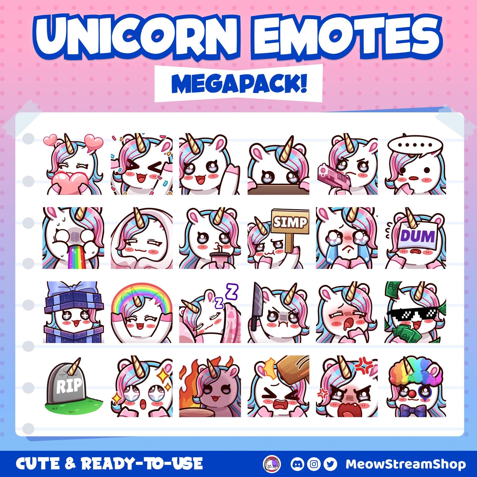 Twitch Emotes / Cute Rainbow Unicorn Megapack Emotes ( 24 Emotes Ready ...