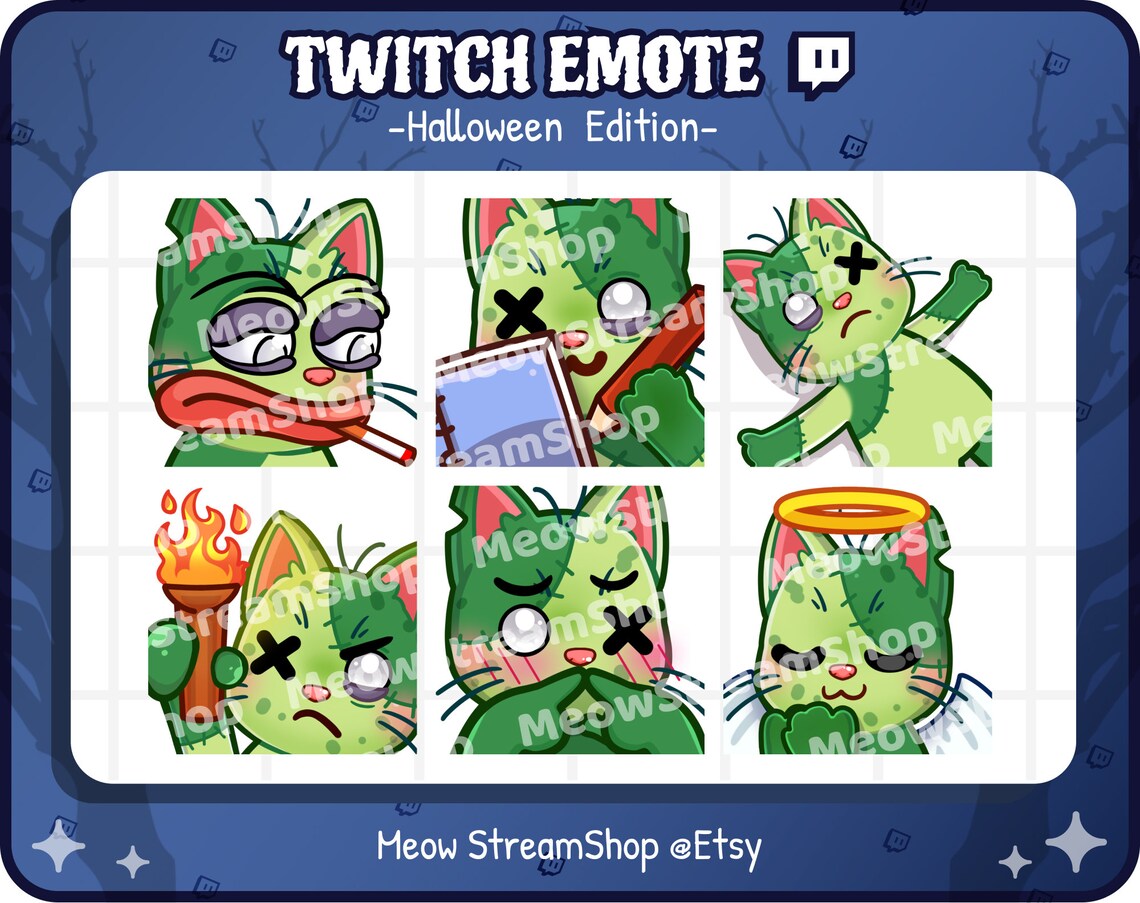Twitch Emote / Cute Zombie Cat Emotes Pack #6 (sad, Note, Lost, Riot ...