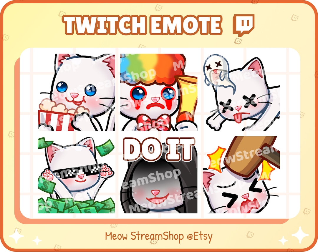 Twitch Emote / Cute White Cat Emotes Pack #3 (popcorn, Clown, Rip ...