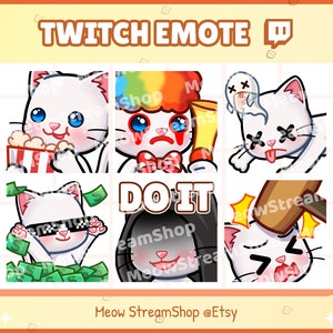 Twitch Emote / Cute White Cat Emotes Pack #3 (popcorn, Clown, Rip ...