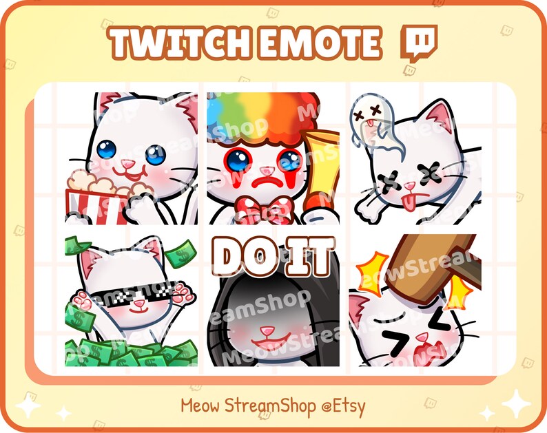 Twitch Emote / Cute White Cat Emotes Pack 3 popcorn Clown - Etsy