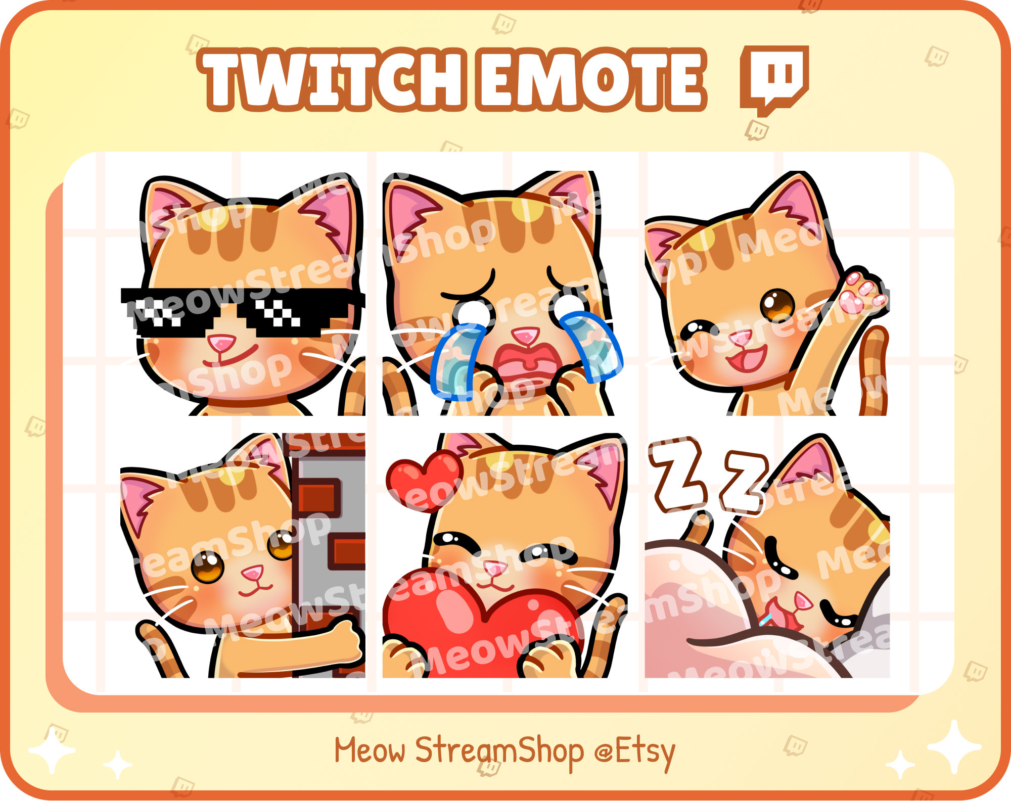 Twitch Emote / Cute Orange Cat Emotes Pack #1 (cool, Cry, Waving, Lurk ...