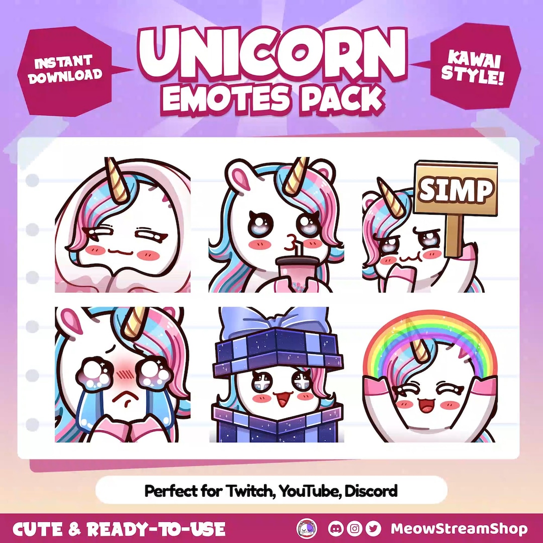 Twitch Emotes / Cute Rainbow Unicorn Emotes Pack 2 (comfy, Sip Boba ...