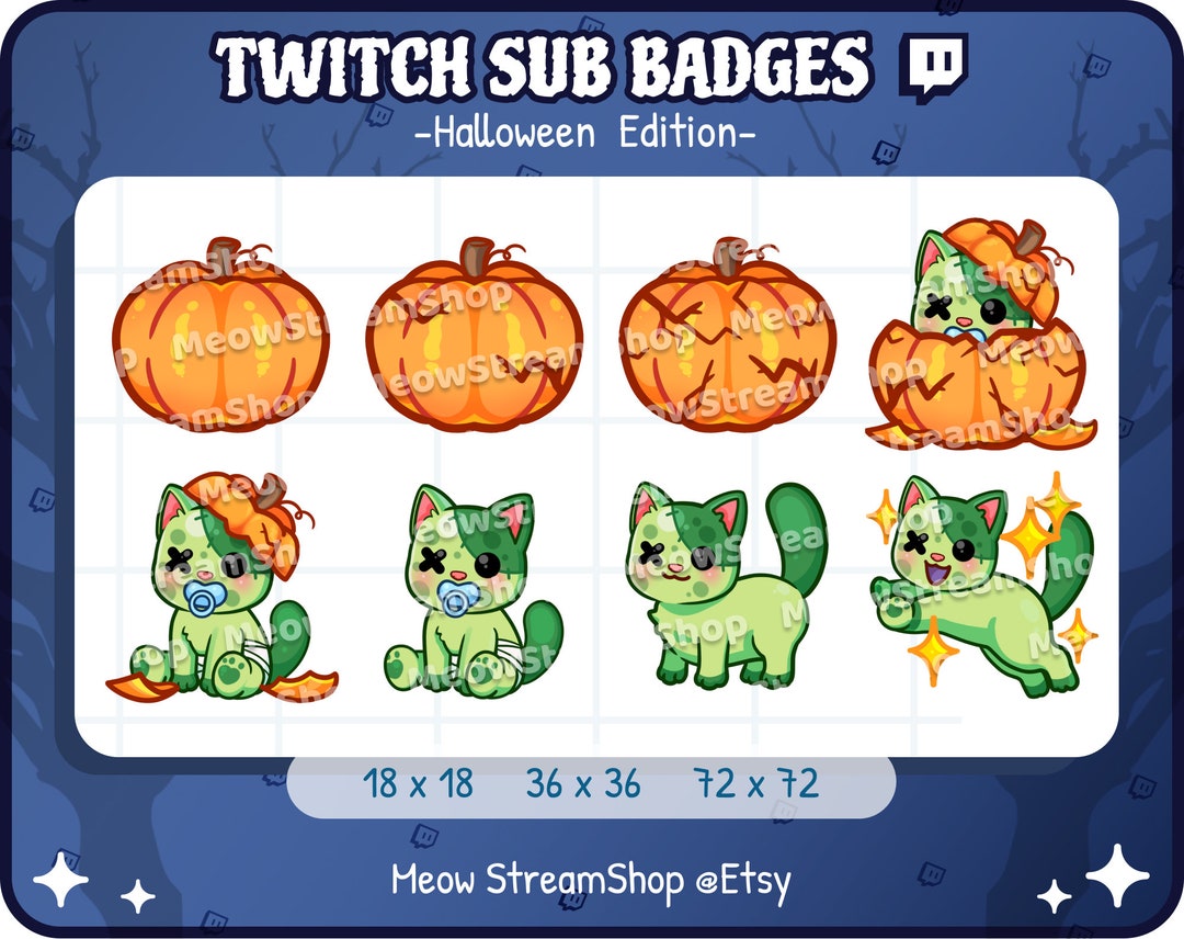 8x Twitch Sub, Bit Badges - Kawaii Zombie Cat, Kitten, Spooky, Pumpkin ...