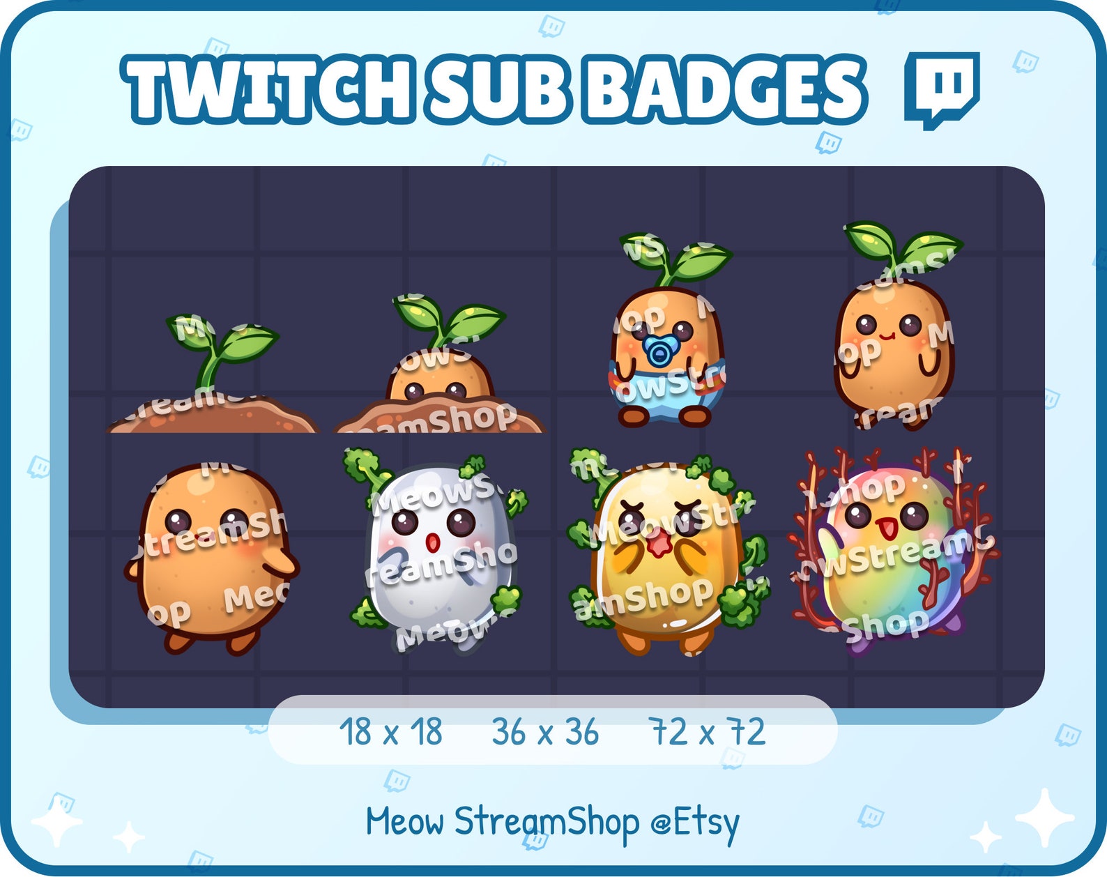 8x Twitch Sub, Bit Badges - Kawaii Cute Potato, Potat, Potatoes, Spud ...