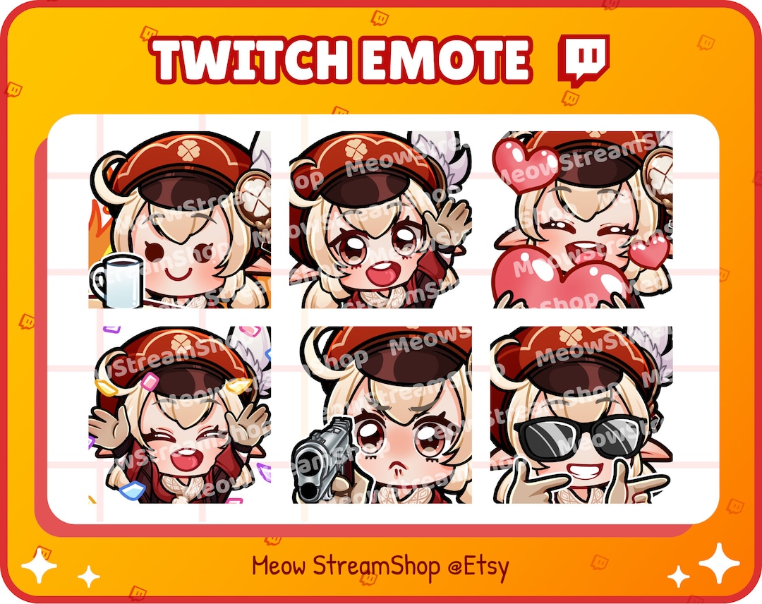 Twitch Emote / Klee Emotes Pack #1 (this is Fine, Hi, Heart, Hype, Gun ...