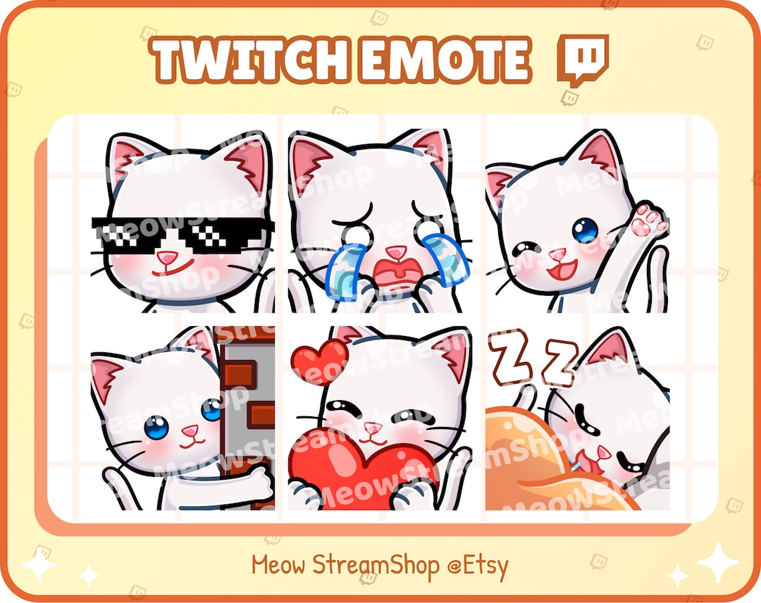 Twitch Emote / Cute White Cat Emotes Pack #1 (cool, Cry, Waving, Lurk ...