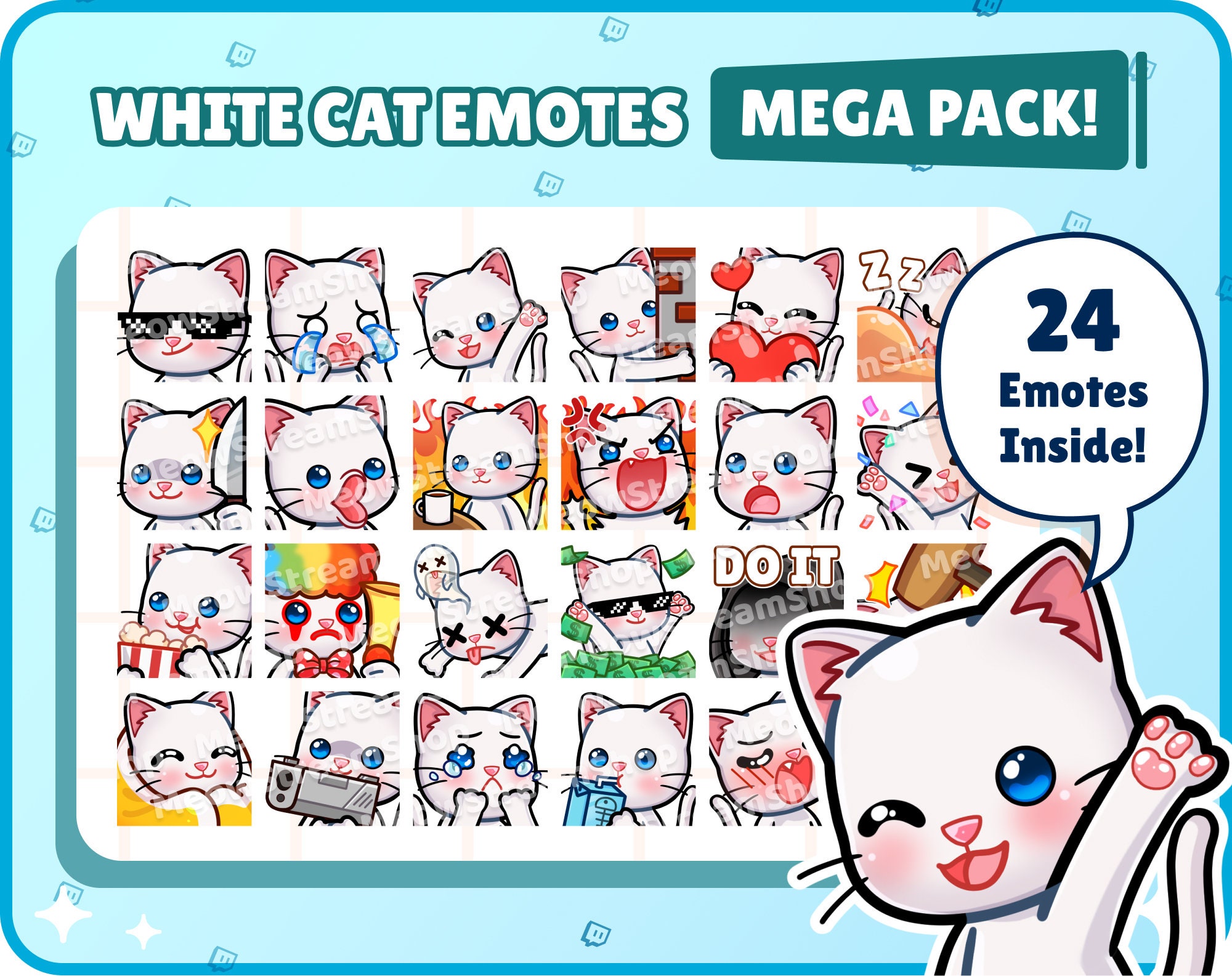 Twitch Emote / Cute White Cat Mega Pack #1 Emotes (24 Emotes Ready to ...