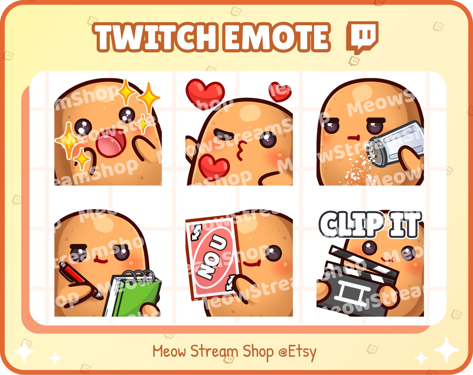 Twitch Emote / Cute Potato Emotes Pack #8 (wow, Kiss, Salty, Note, No U ...