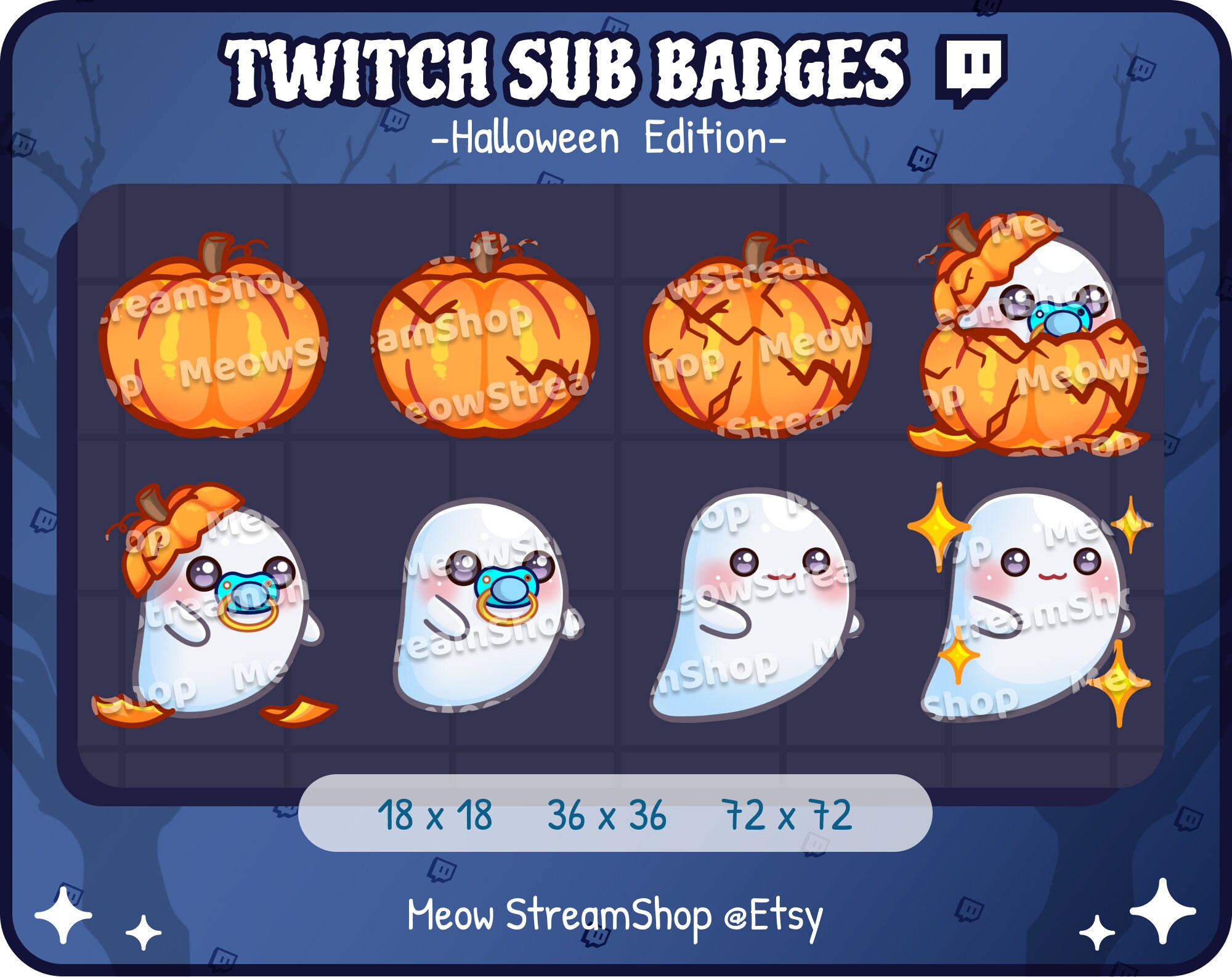 8x Twitch Sub, Bit Badges - Kawaii Ghost, Spooky, Pumpkin, Halloween ...