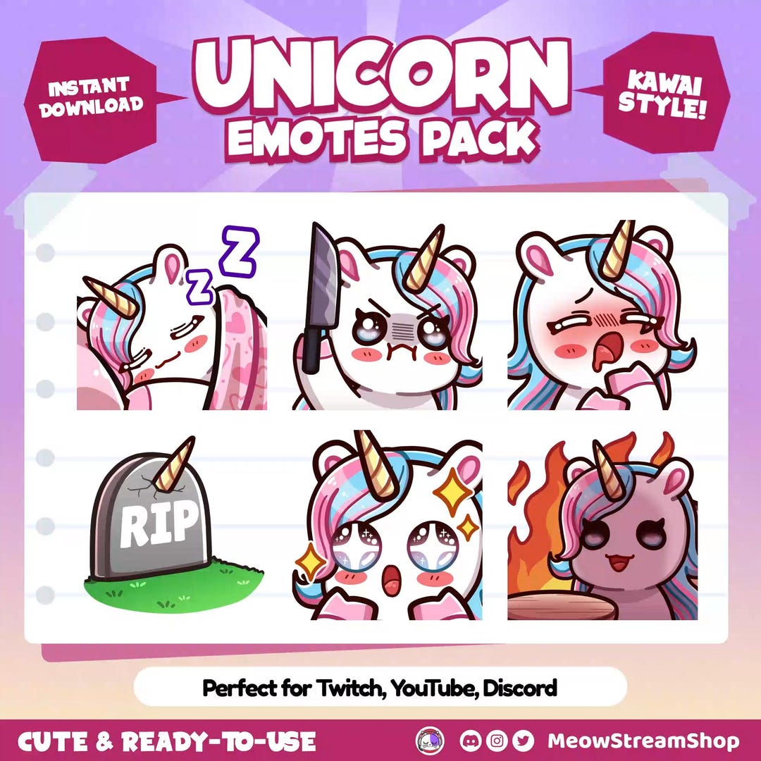Twitch Emotes / Cute Rainbow Unicorn Emotes Pack 3 (sleep, Knife, Gasm ...