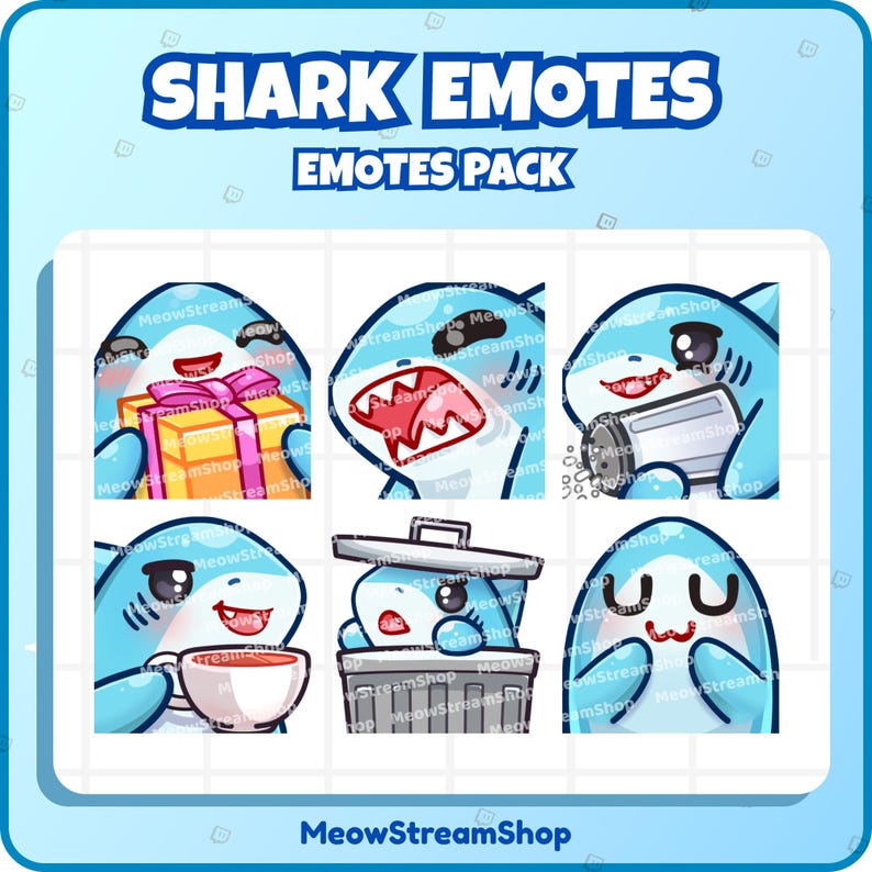 Twitch Emote / Cute Shark Emotes Pack #9 (gift, LFG, Salty, Tea, Trash ...