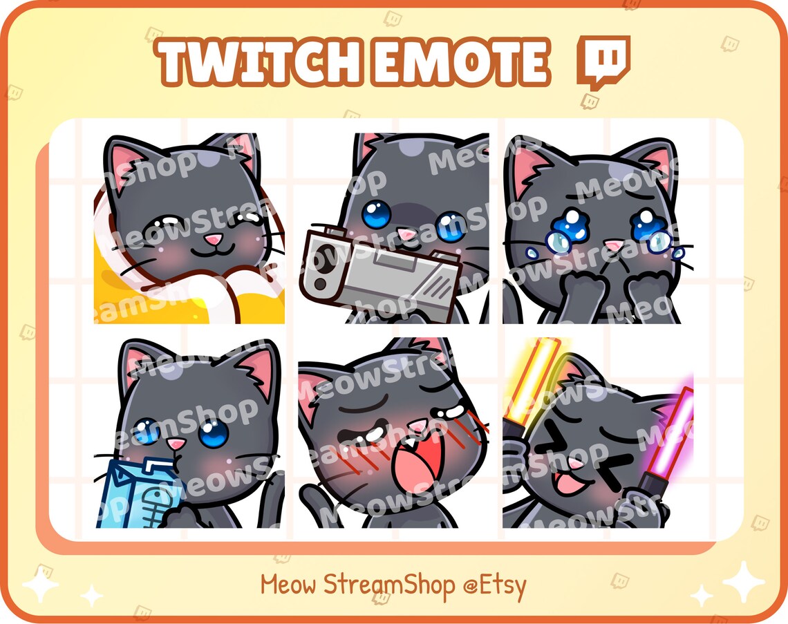 Twitch Emote / Cute Black Cat Emotes Pack #4 (comfy, Gun, Sad, Sip ...
