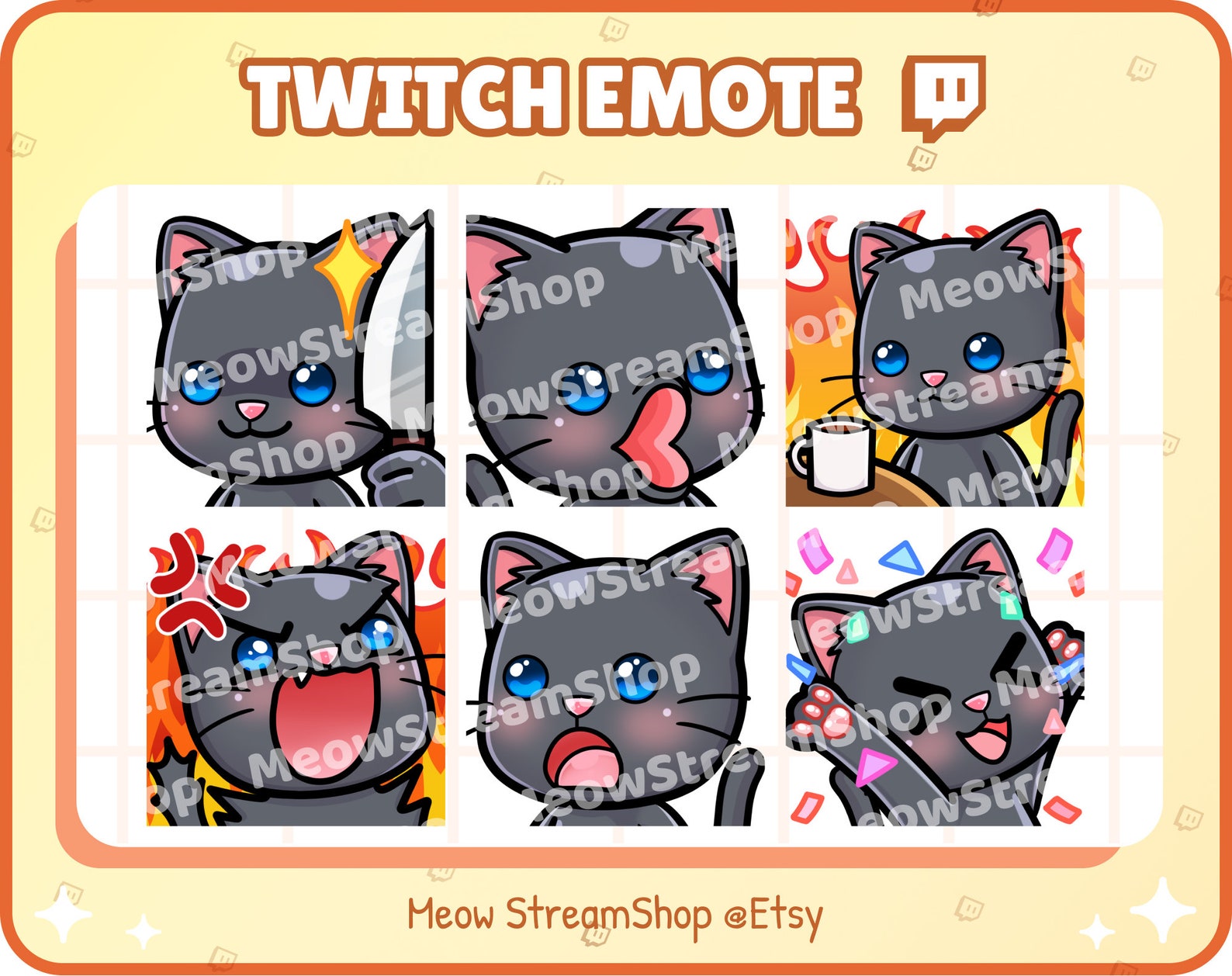 Twitch Emote / Cute Black Cat Emotes Pack #2 (knife, POG, This is Fine ...