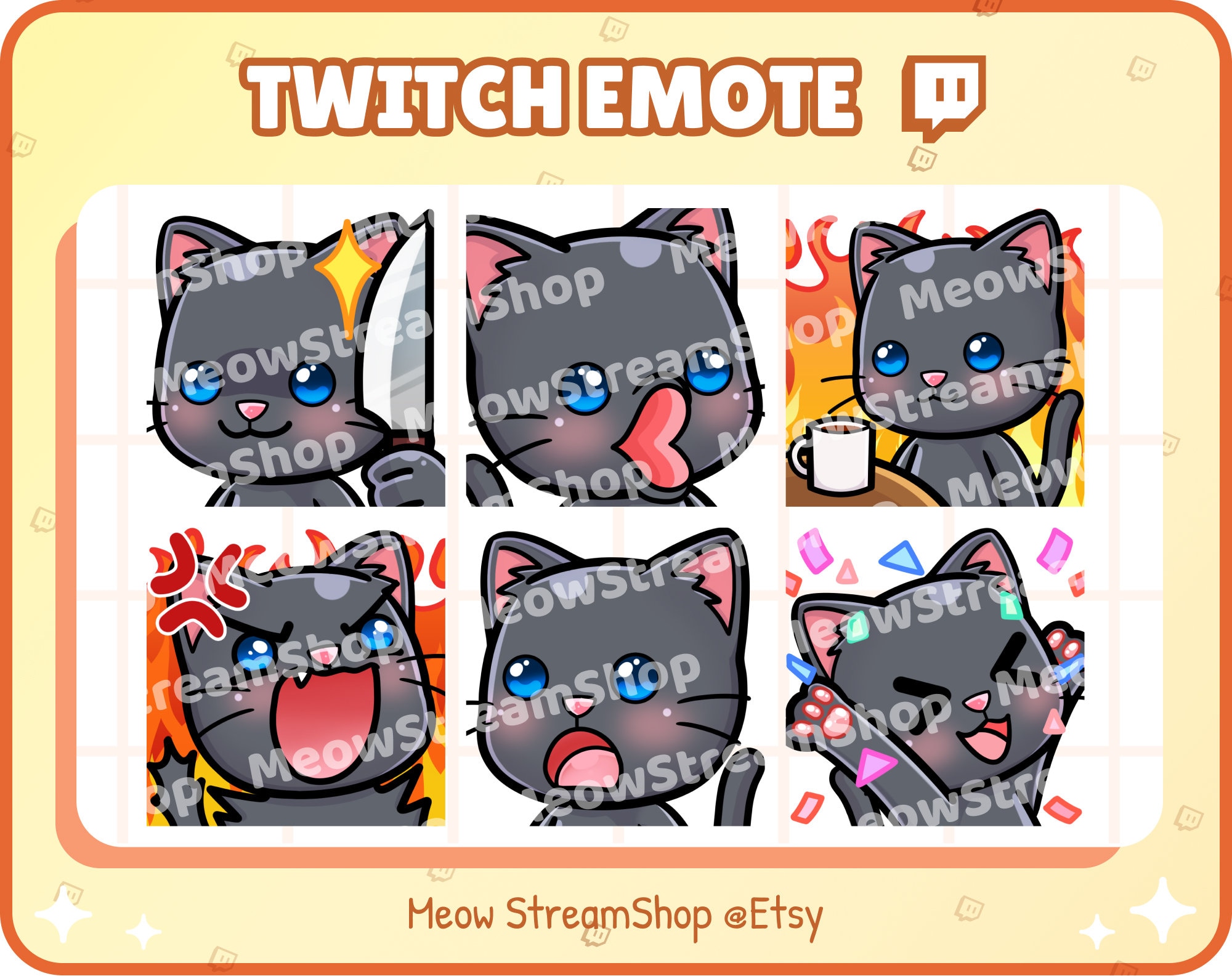 Twitch Emote / Cute Black Cat Emotes Pack #2 (knife, POG, This is Fine ...