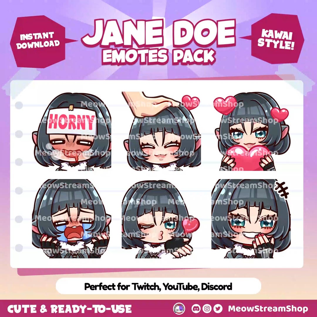 Twitch Emotes / Jane Doe Emotes Pack #1 (horny, Pat, Heart, Cry, Kiss ...