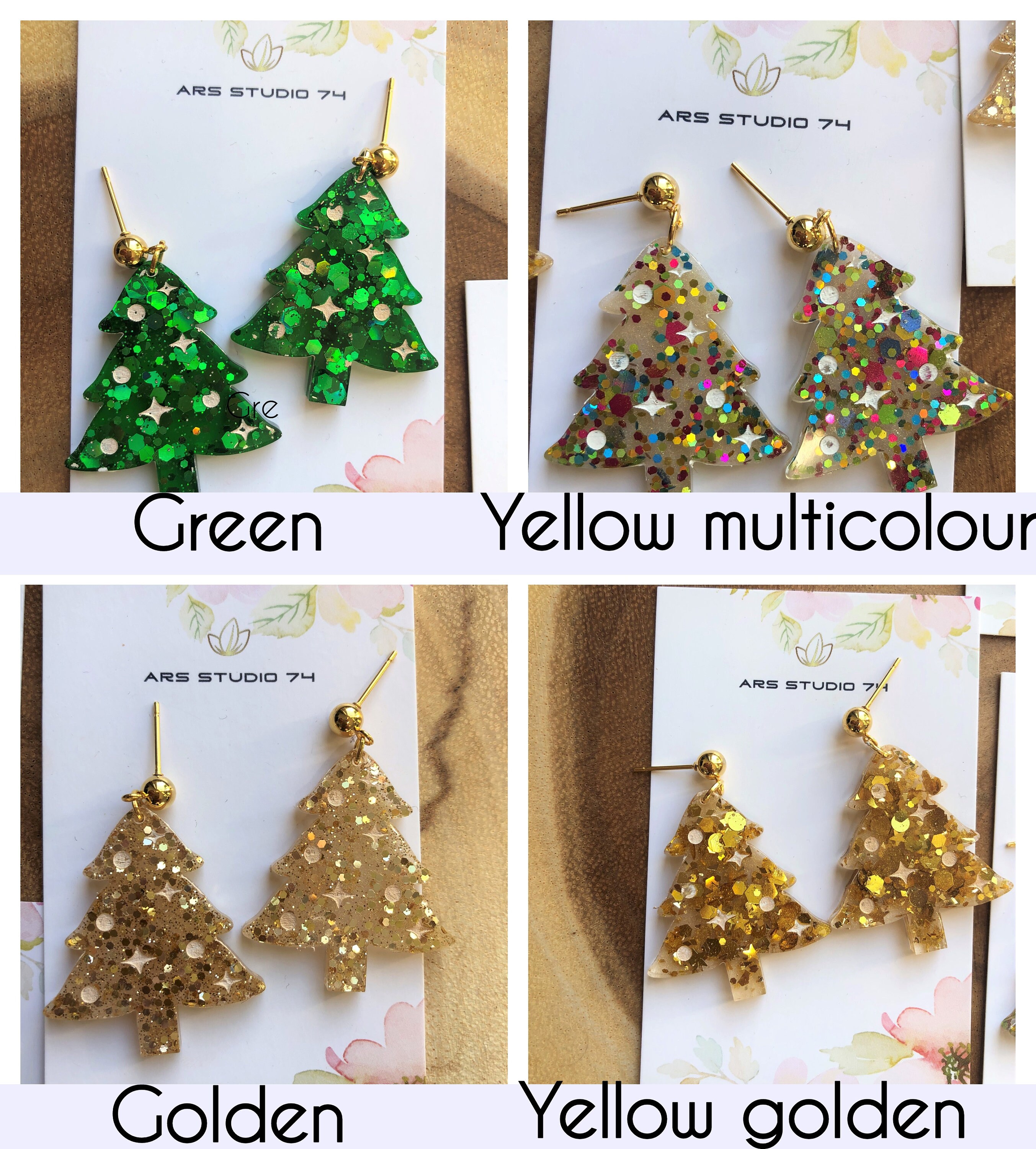 Handmade Dangle Resin Christmas Tree Glitter Earrings, Green, Golden ...