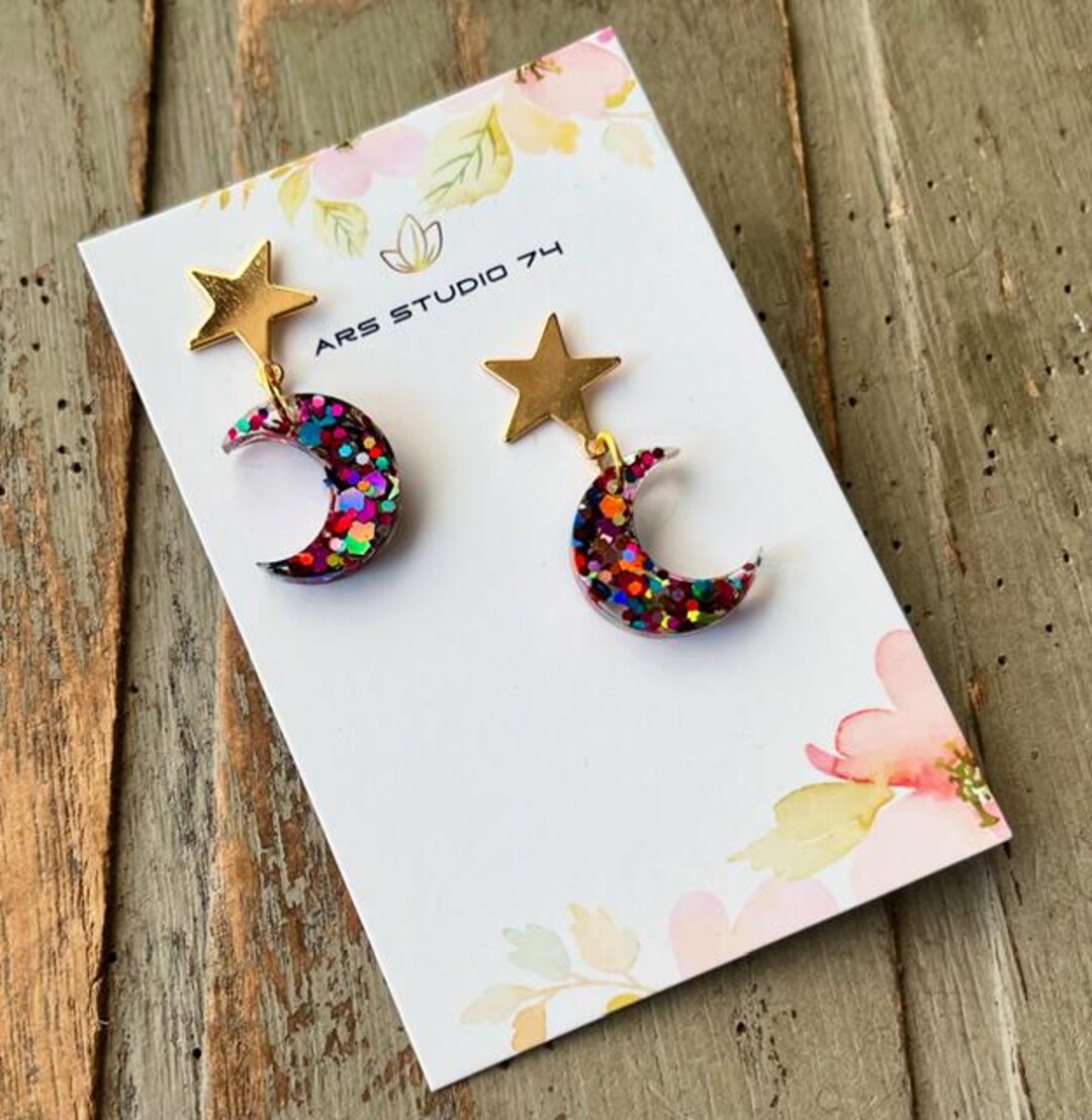 Handmade Dangle Multicolour Moon Resin Earrings on Golden Star Studs ...