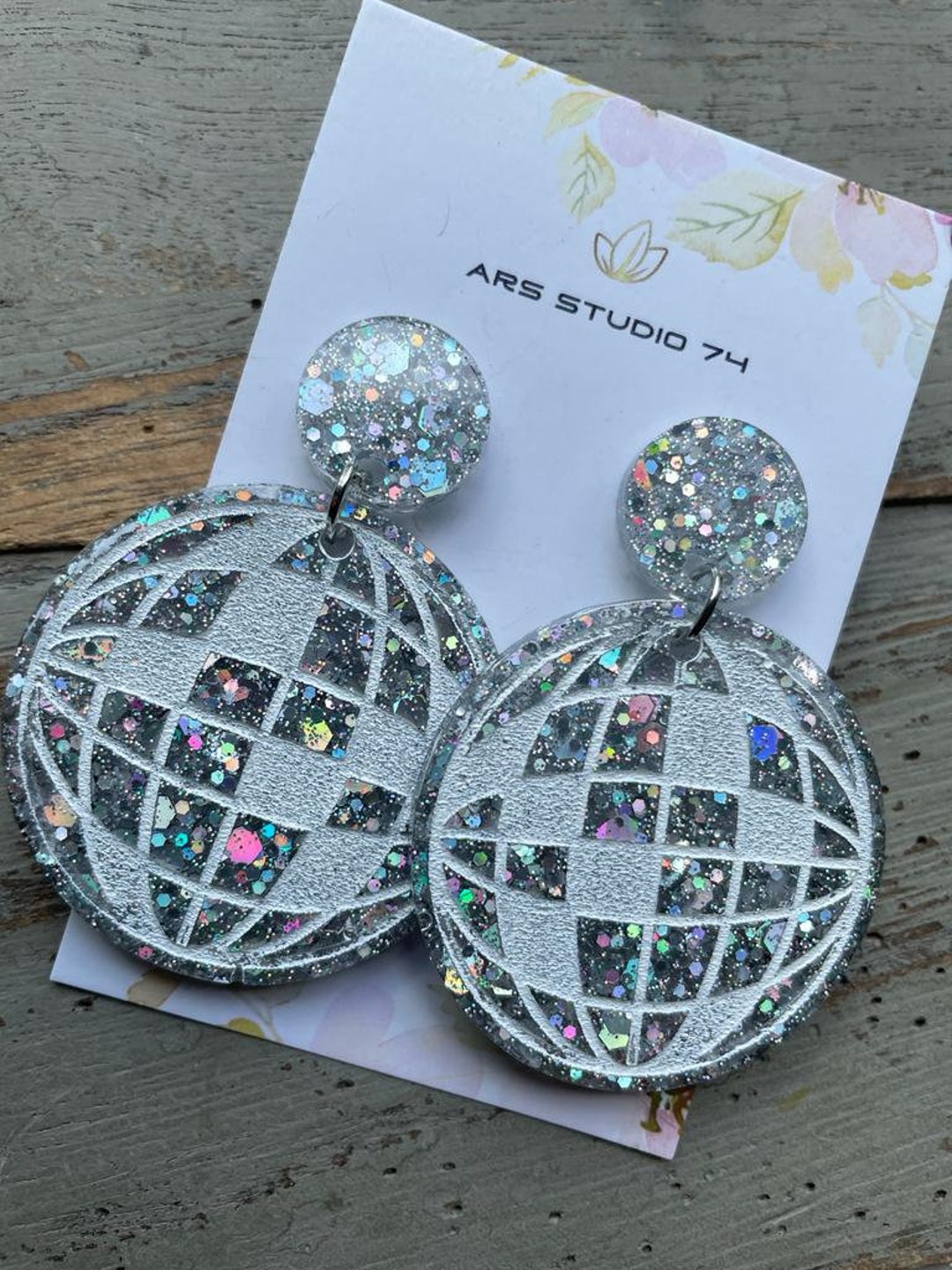 Handmade Disco Ball Resin Glitter Earrings, on Circle Studs. Unique, Festive, Party, Gift Idea ...