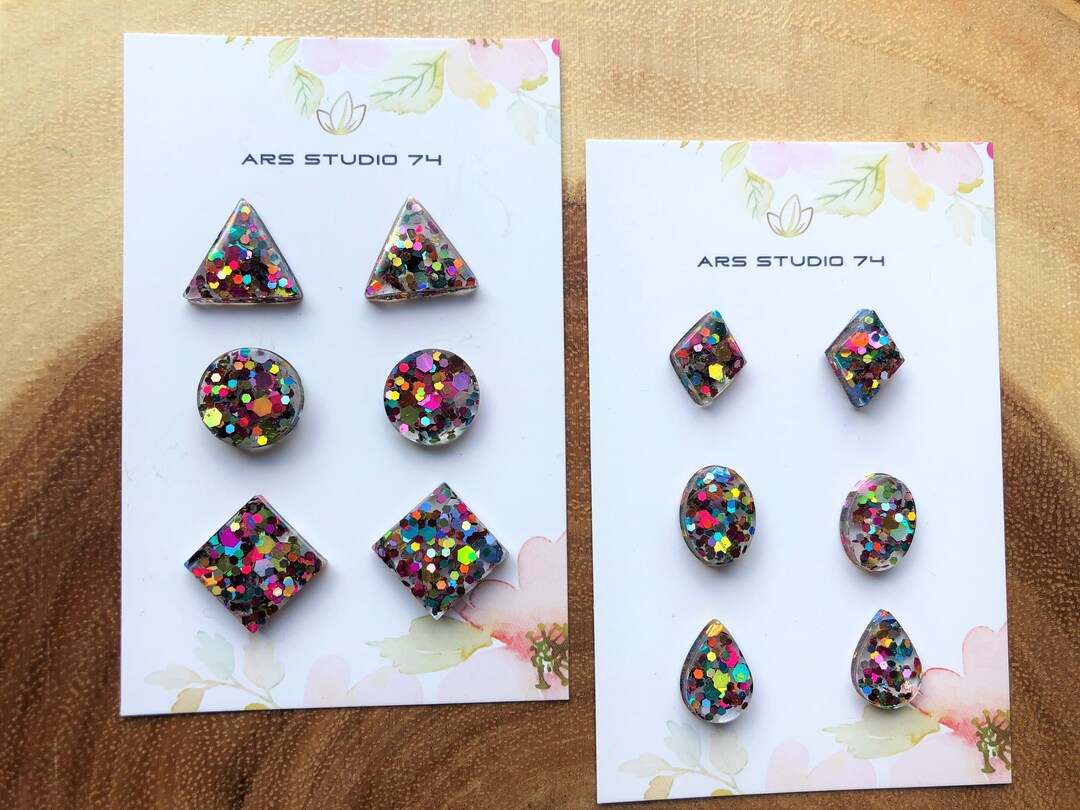 Handmade Geometric Resin Stud Earrings With Glitter, 6 Shapes. Quirky ...