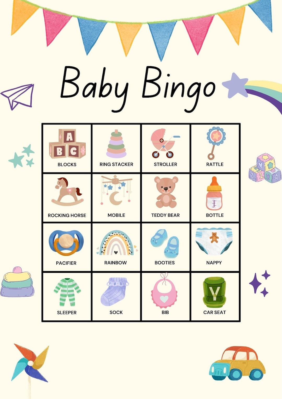 Juego de bingo para baby shower: 20 cartones de bingo neutrales (PDF ...