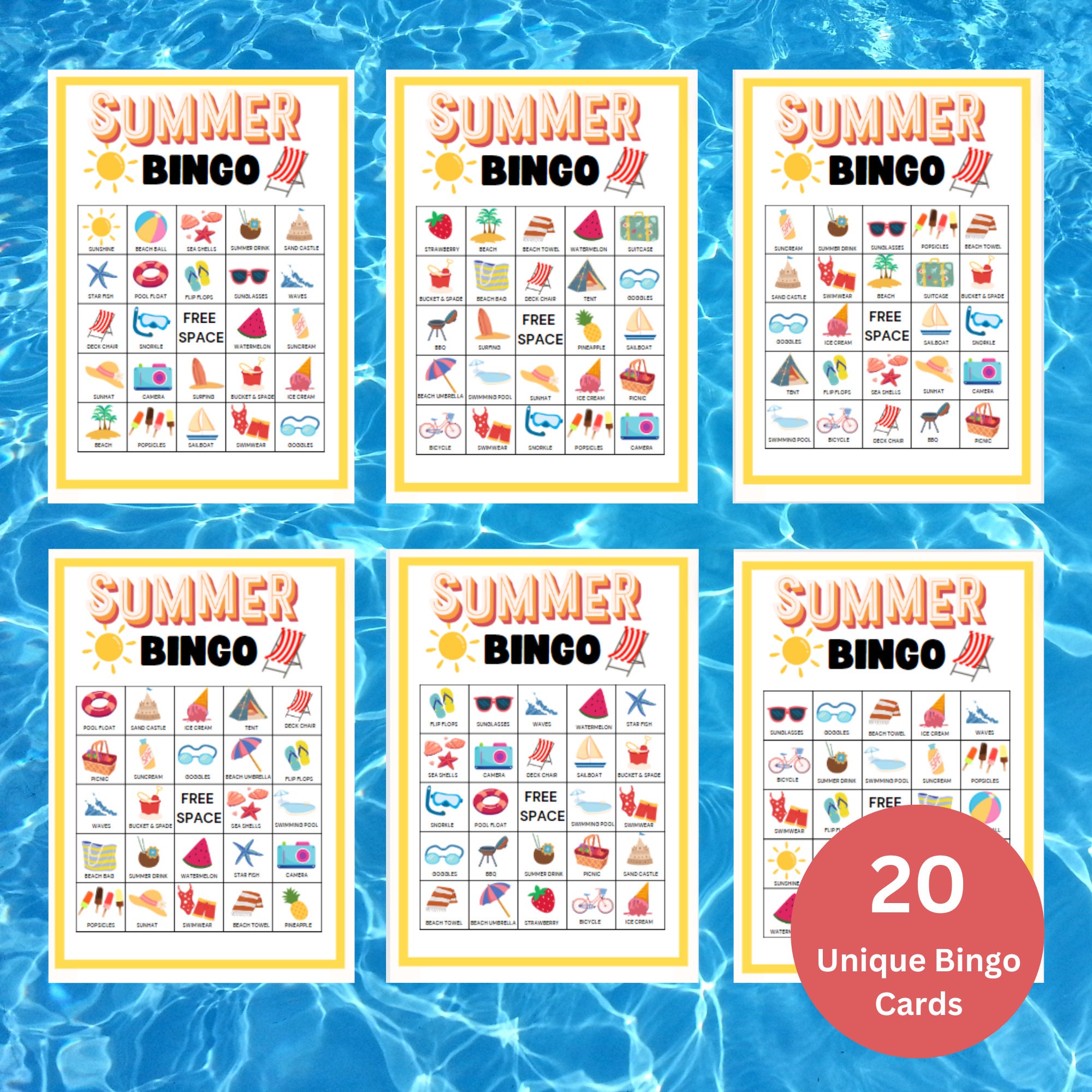 Summer Bingo, 20 Summer Bingo Cards, Summer Game, Summer Activity, Kid ...