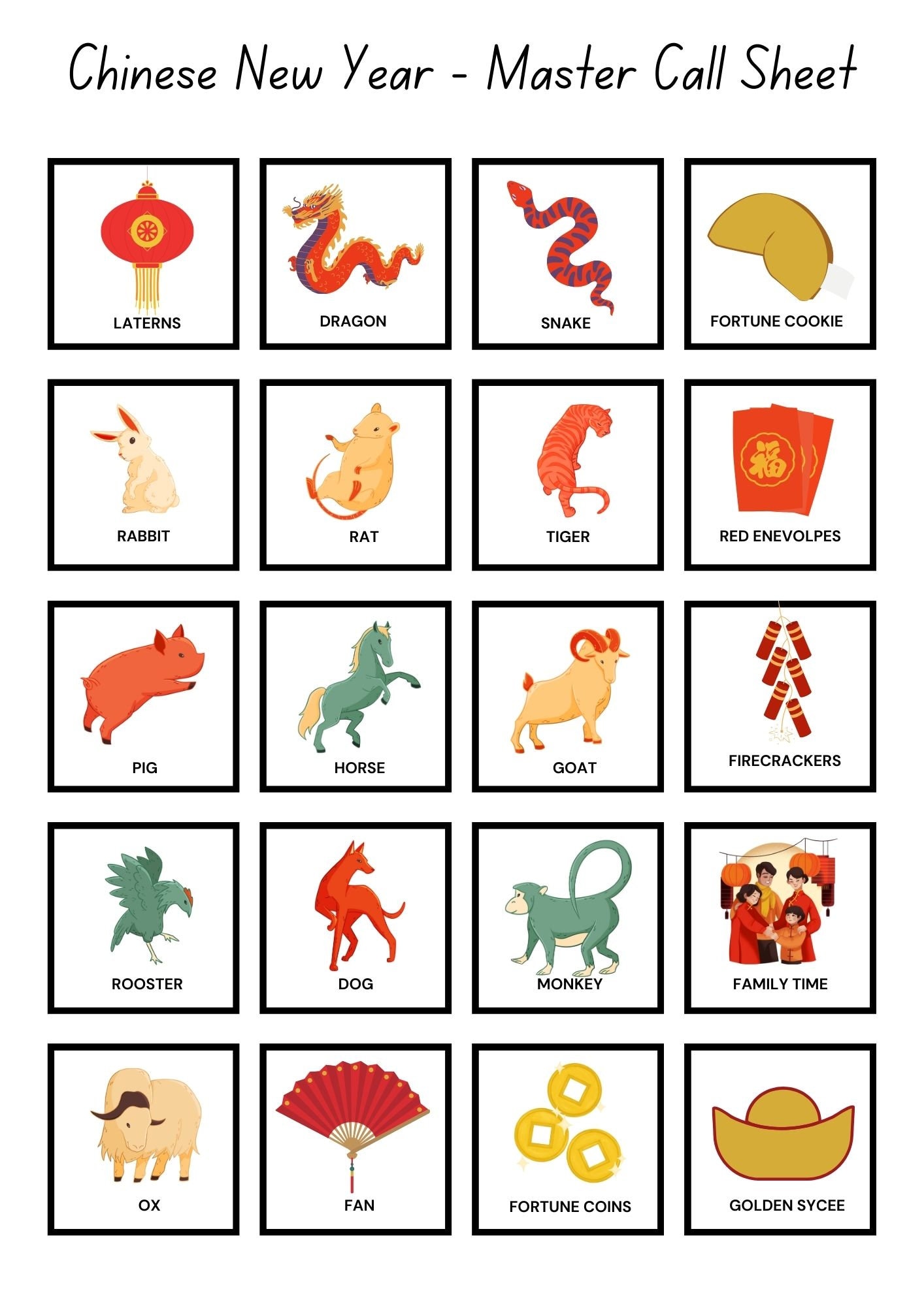 Chinese New Year 2025 Bingo, 20 Lunar New Year Bingo Cards, Party Game ...