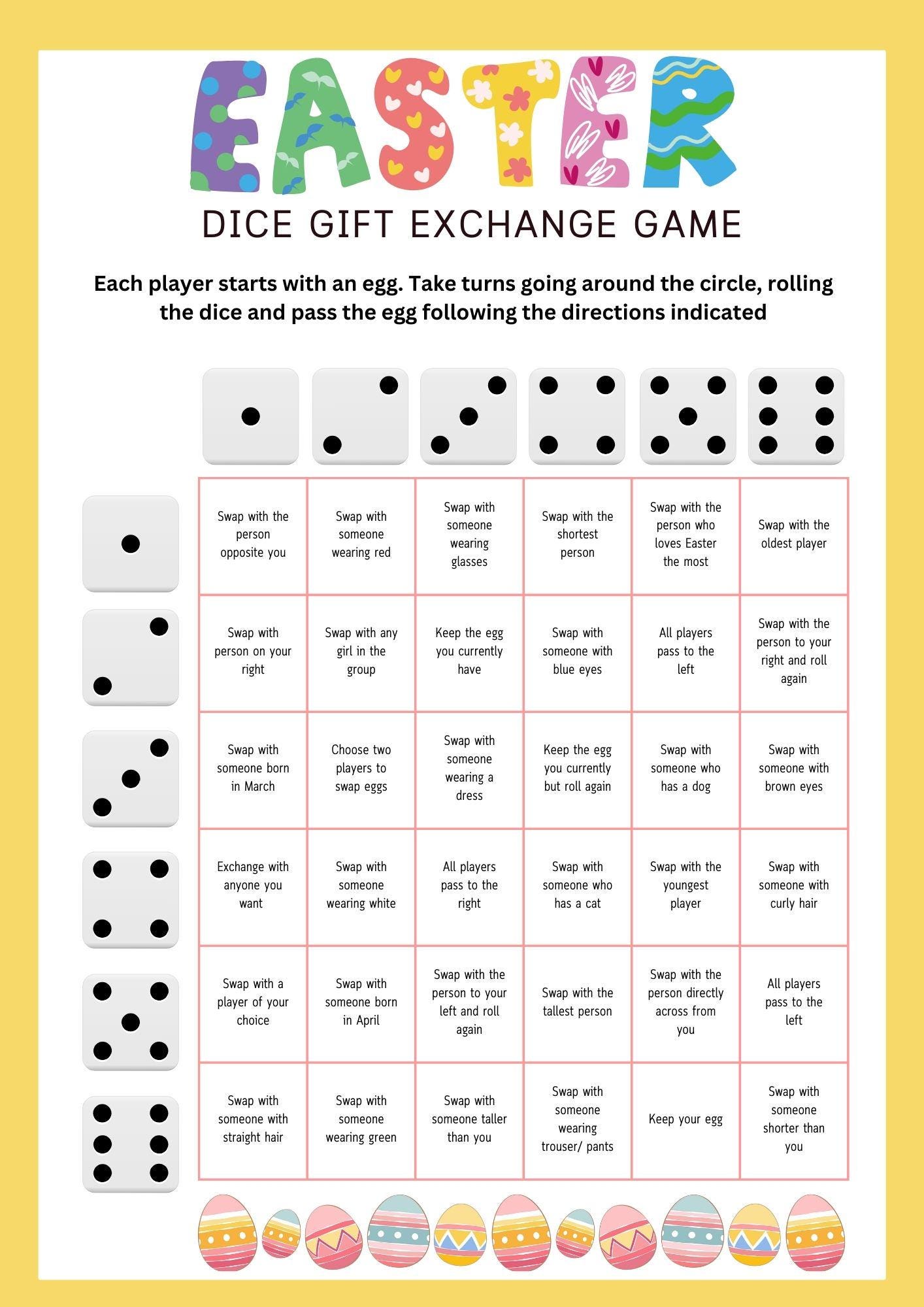 Easter Egg Exchange Dice Game Printable, Easter Dice Game for Kids ...