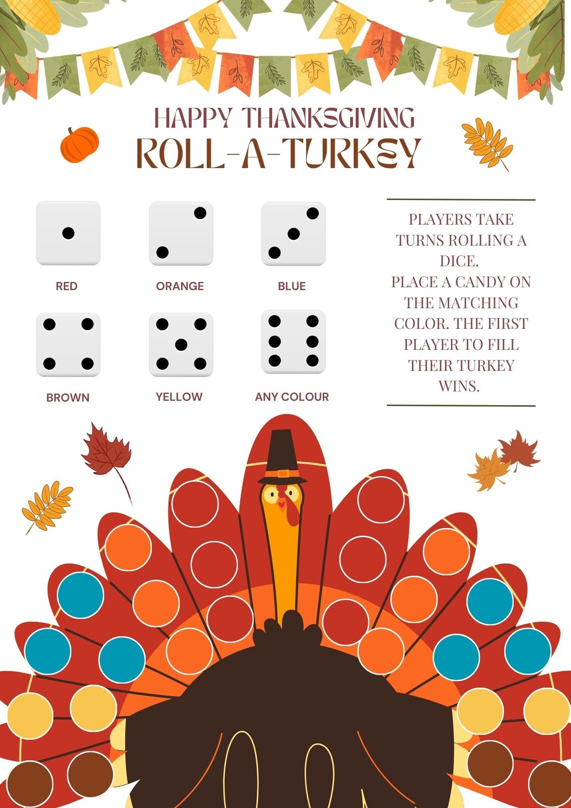 Roll A Turkey Dice Game | Printable Thanksgiving Game | Fall Autumn ...