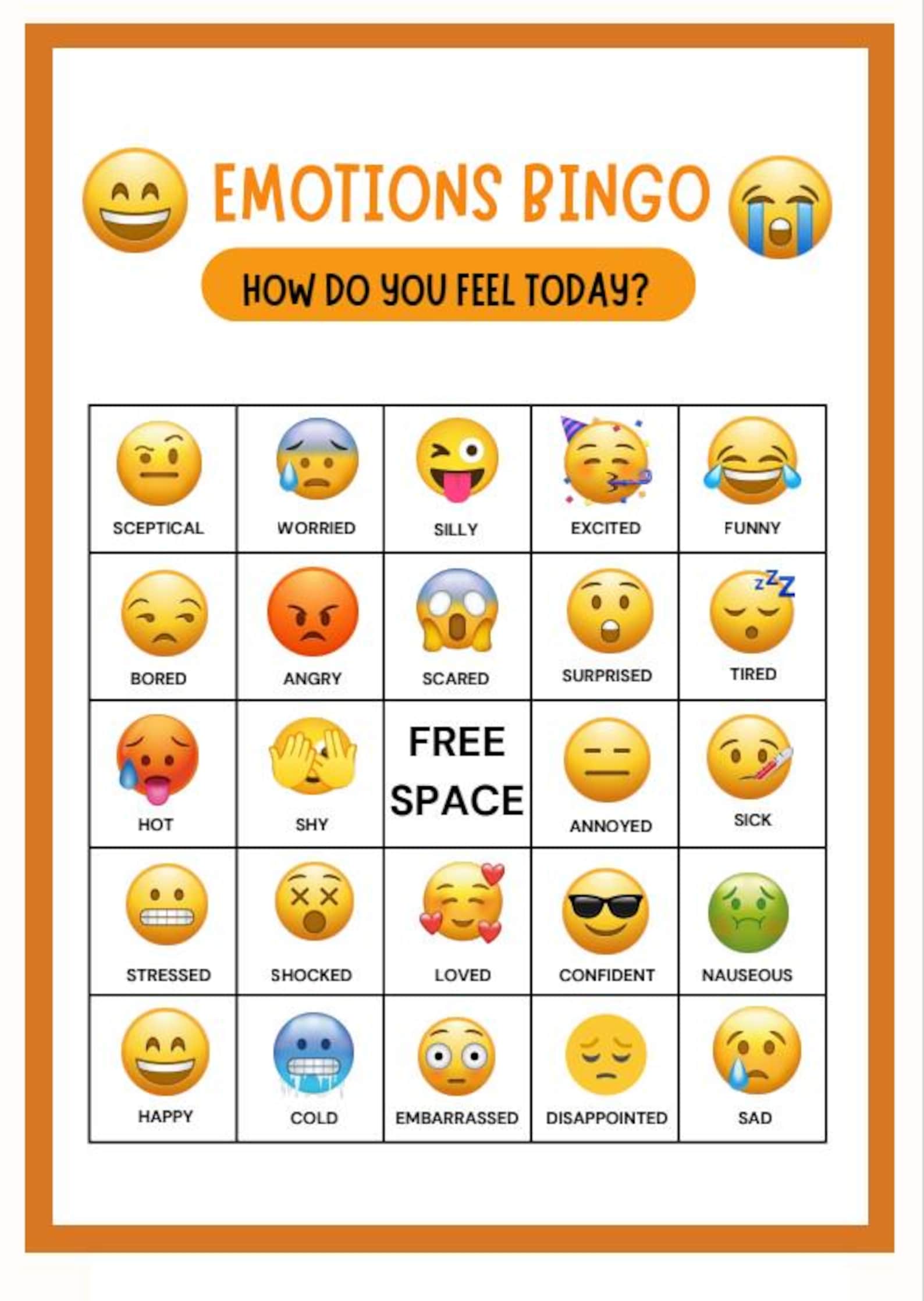 Emotions Bingo Game: Emoji Learning, Kids Party Activity (PDF Download ...