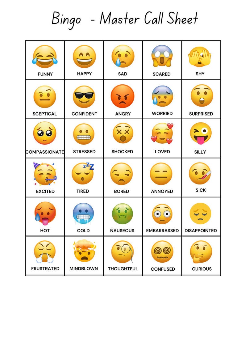 Emotions Bingo Game: Emoji Learning, Kids Party Activity (PDF Download ...