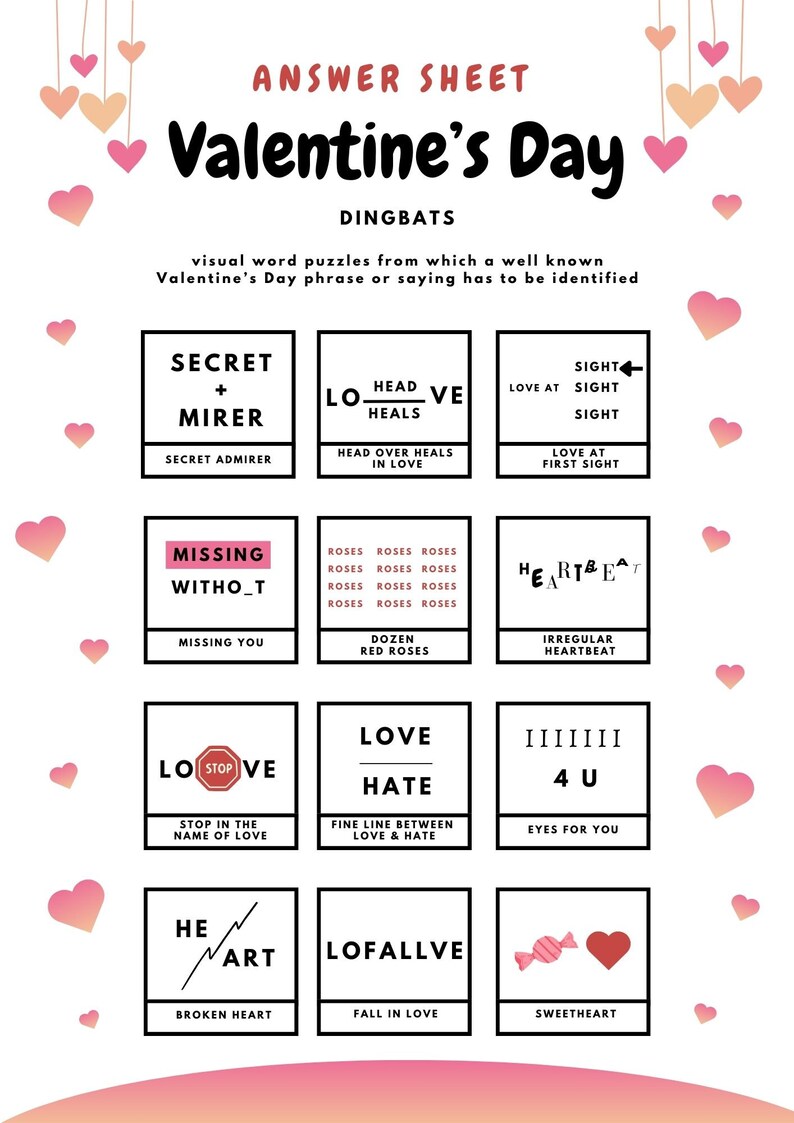 Printable Valentine's Day Dingbat Puzzle Games Valentine's Game for ...