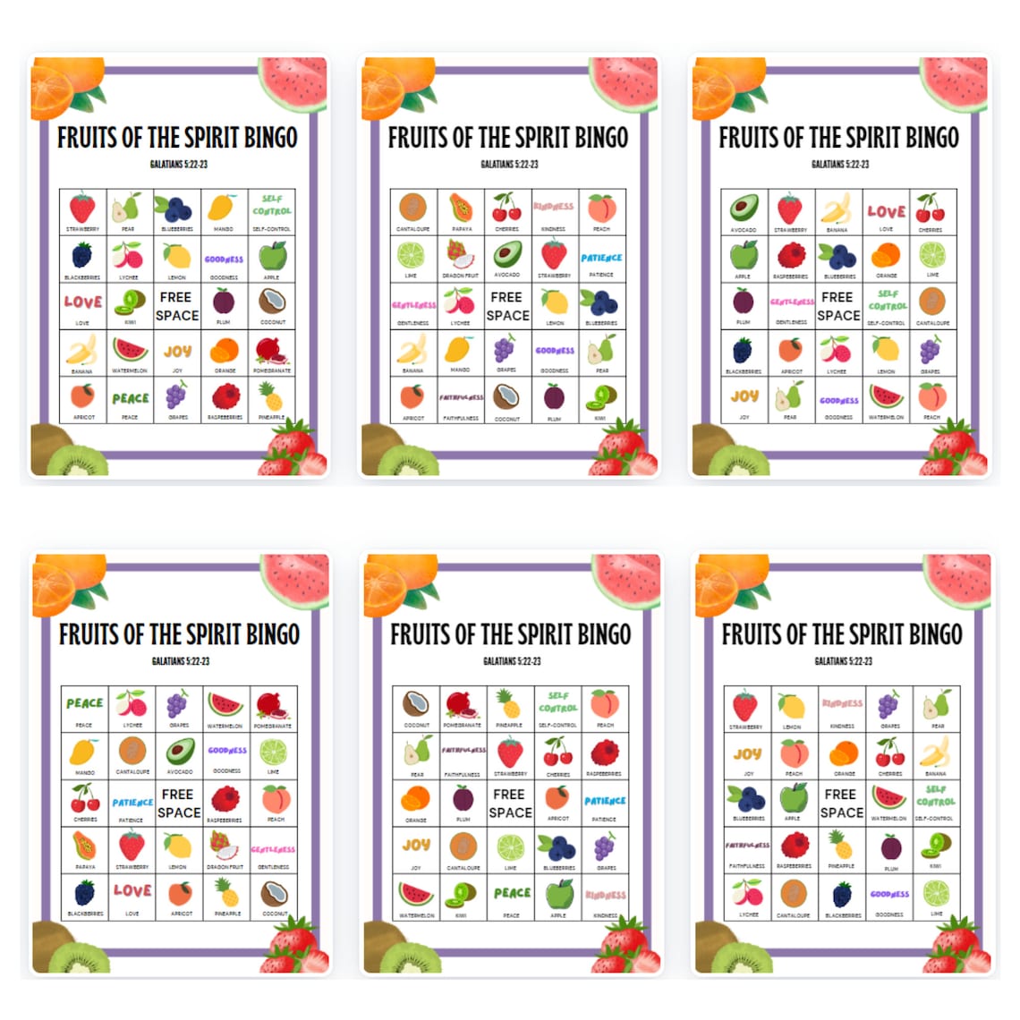Fruit of the Spirit Bingo: Bible Game for Kids (PDF Download) 20 Bingo ...
