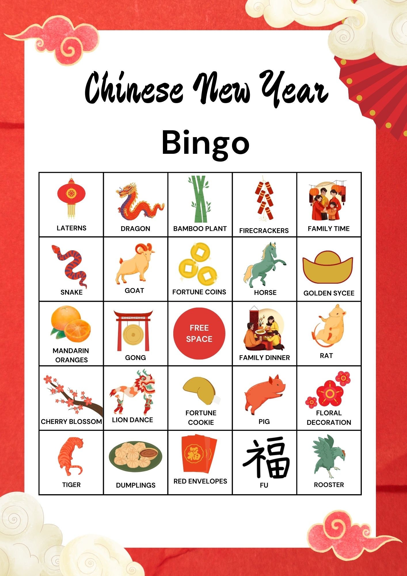 Chinese New Year 2025 Bingo, 20 Lunar New Year Bingo Cards, Party Game ...