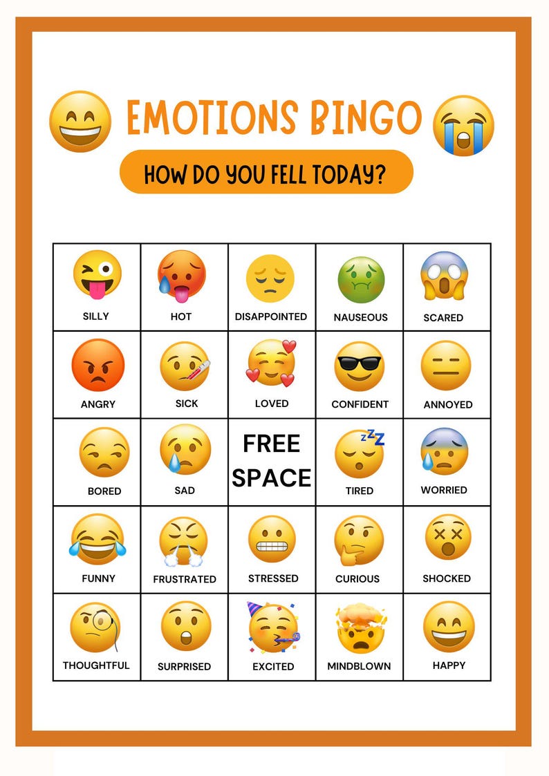 Emotions Bingo Game: Emoji Learning, Kids Party Activity (PDF Download ...