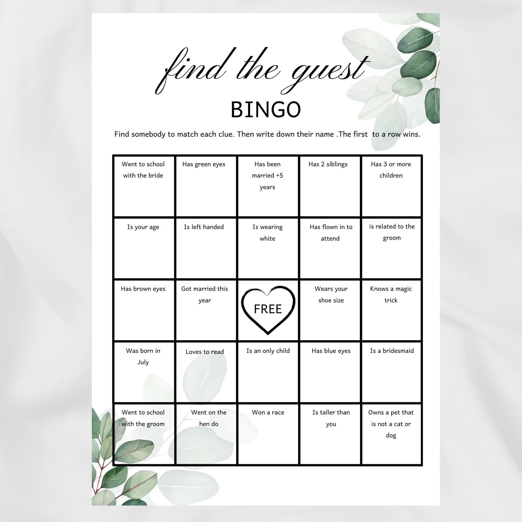 Find the Guest Bingo, 20 Printable Bingo Cards, Bridal Shower Game ...