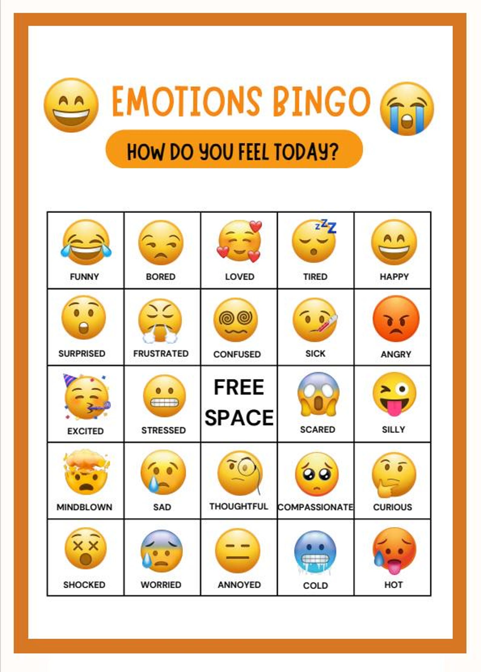 Emotions Bingo Game: Emoji Learning, Kids Party Activity (PDF Download ...