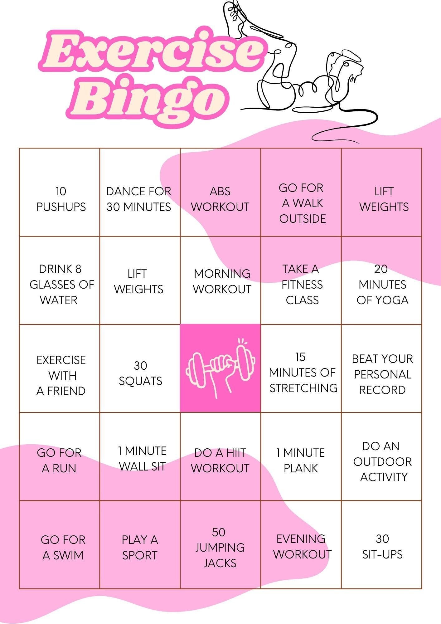 Exercise Bingo Game - PRINTABLE Fitness Journal Page - Workout Tracker - Fitness Tracker ...