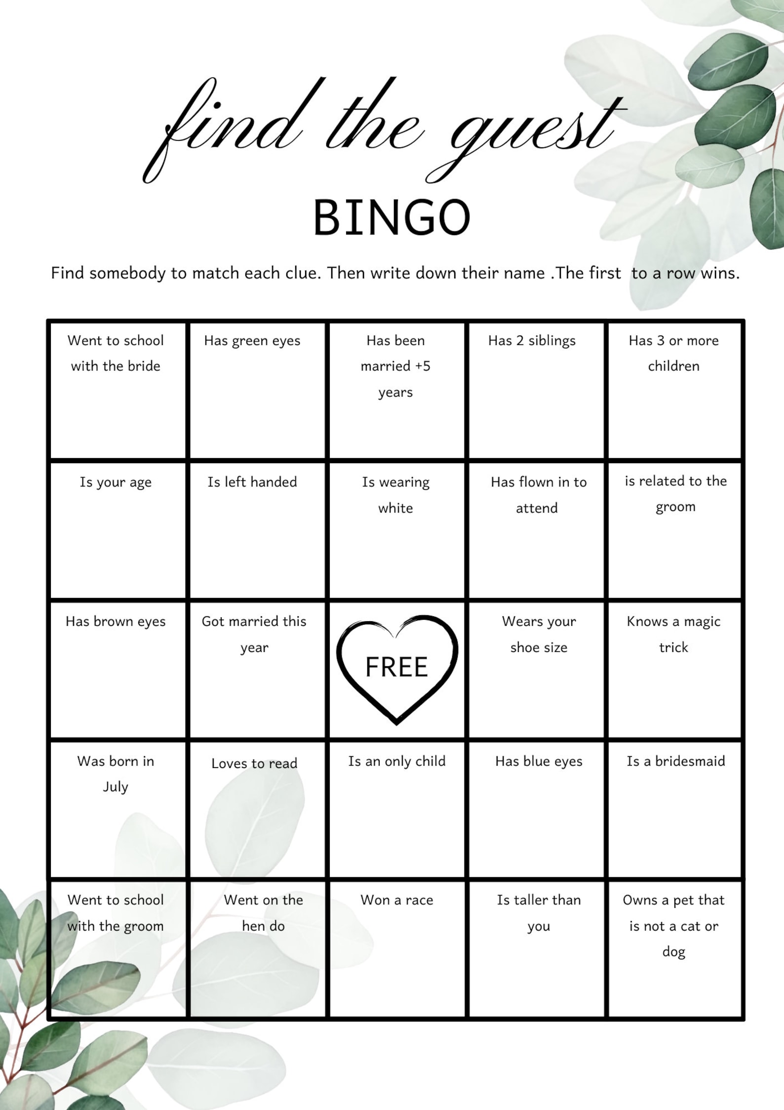 Find the Guest Bingo: Bridal Shower Icebreaker Game (printable) - Etsy